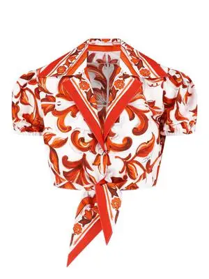 DOLCE & GABBANA Dolce & Gabbana Printed Tie-Front Puff Sleeve Crop Blouse