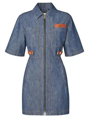 Fendi Short Sleeve Denim Shirt Dress With Leather Details - Navy