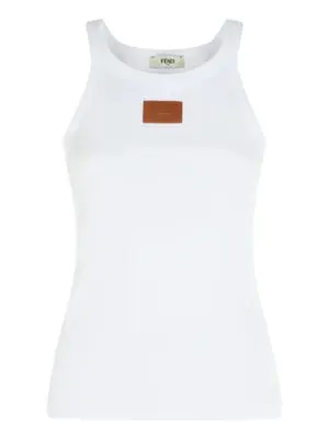 Fendi Fendi Logo Crewneck Cotton Top With Leather Patch White