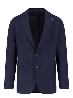 Tagliatore Virgin Wool & Elastane Notched Lapel Blazer - Blue