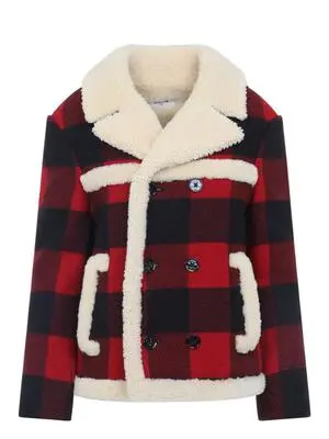 Celine Checked Double-breasted Shearling Jacket - Red