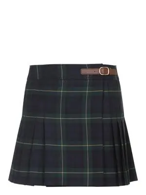 Celine Wool Plaid Pleated Mini Skirt With Buckled Belt - Green