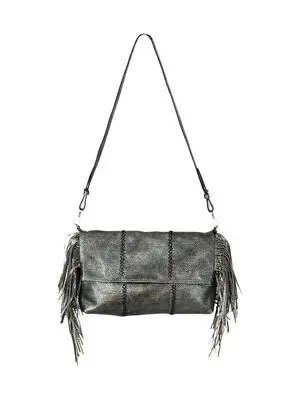 Carlos Falchi Fringe Leather Crossbody Messenger Bag - Silver