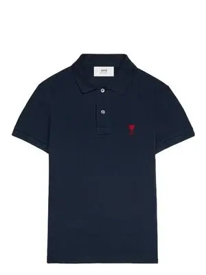 AMI Paris Logo Embroidered Short-sleeved Polo Shirt - Black
