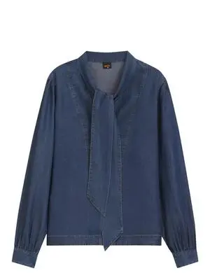 Hugo Boss Denim-look Blouse With Tie Neck Detail - Blue