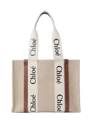 Chloé Woody Tote Bag In Linen - White