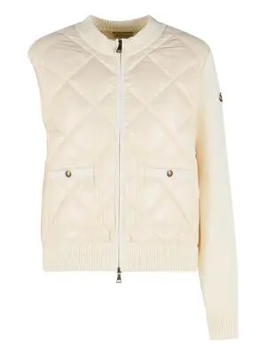 Moncler Tricot Cotton Cardigan With Quilted Front And Ribbed Details - Cream