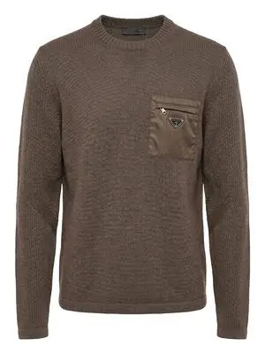 Prada Wool Knit Sweater With Nylon Patch Pocket - Brown