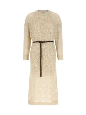 Brunello Cucinelli Perforated Knit Midi Dress With Sequins And Belt - Cream
