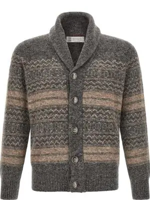 Brunello Cucinelli Nordic Jacquard Shawl Collar Alpaca, Cashmere, And Wool Blend Cardigan - Gray