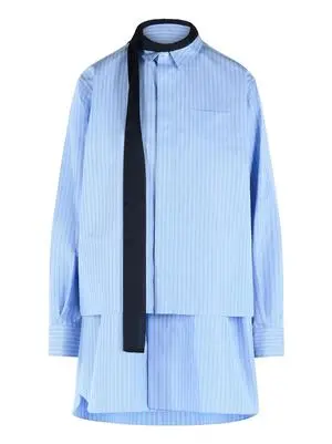 Sacai Light Cotton Blend Mini Dress With Vertical Stripes And Scarf Detail - Blue