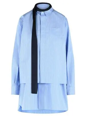 Sacai Light Cotton Blend Mini Dress With Vertical Stripes And Scarf Detail - Blue