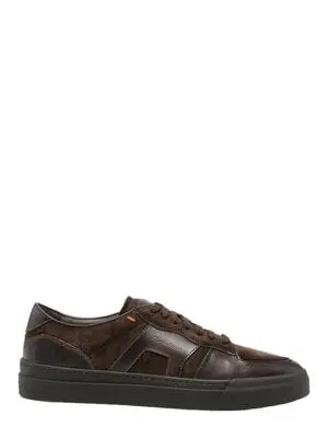 Santoni Dark Leather And Suede Lace-up Sneakers - Brown