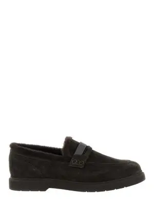 Brunello Cucinelli Suede Shearling Lined Loafers With Monile Detail - Brown