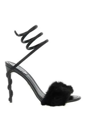 RENE CAOVILLA René Caovilla Black Leather Crystal Embellished Spiral Ankle Strap Stiletto Sandals