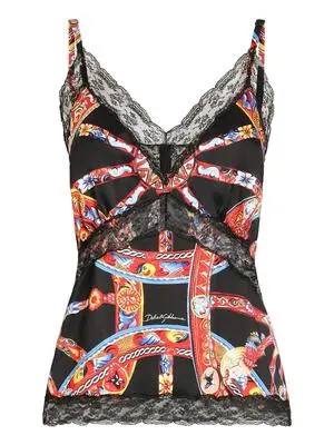 Dolce & Gabbana Carretto-print Silk Satin Top With Lace Trim - Multicolor