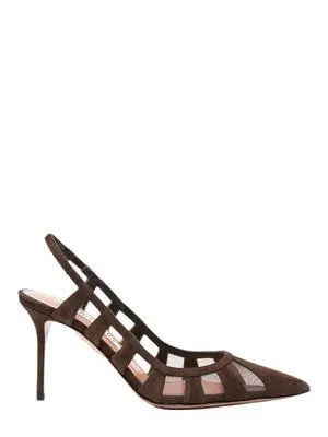 AQUAZZURA Suede Mesh Panelling Pointed Toe Slingback Stiletto Heel - Brown