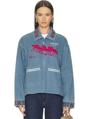 FOUND Jockey Club Embroidered Denim Jacket - Faded Navy