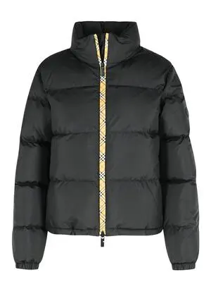 Burberry Polyester Down Jacket With Check Weave Hood - Black