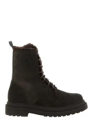 Brunello Cucinelli Suede And Shearling Lace-up Ankle Boots - Brown