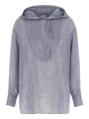 Brunello Cucinelli Linen Silk Blend Striped Hooded Shirt - Blue