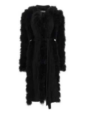 Attico Long Coat With Feather Trim - Black