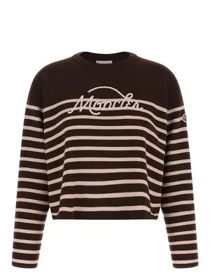 Moncler Moncler Striped Virgin Wool Sweater With Embroidered Logo White
