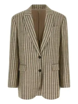 Brunello Cucinelli Striped Linen Blend Blazer - Green