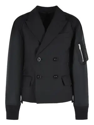 Sacai Wool Blend Blazer With Zippered Shoulder Pocket - Black