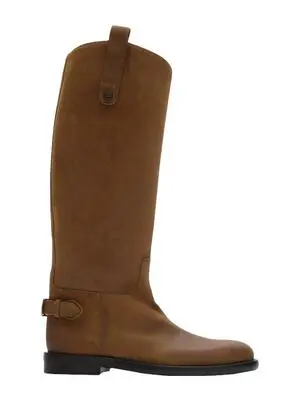 Burberry Calf Suede Knee-high Boots With Buckled Ankle Straps - Brown