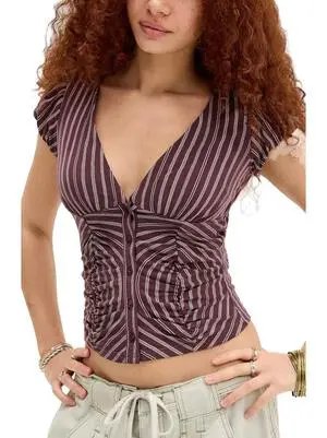 BDG URBAN OUTFITTERS Striped Ruched V-neck Top - Wine