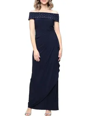 Alex Evenings Embellished Off-the-shoulder Jersey Gown - Navy
