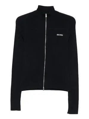 Miu Miu Ribbed Knit High Neck Zip Cardigan - Blue