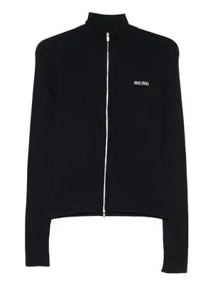 Miu Miu Ribbed Knit High Neck Zip Cardigan - Blue