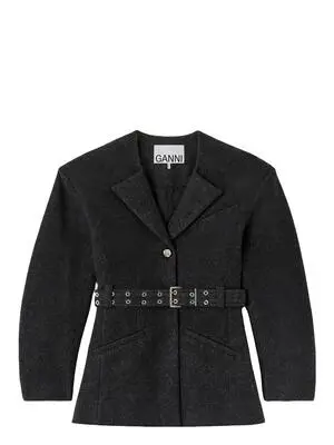 GANNI Belted Oversized Wool Blazer - Gray