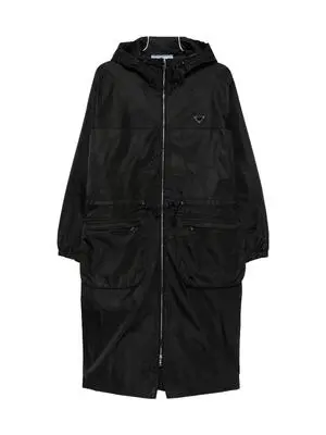 Prada Oversized Coat With Drawstring Hood And Enamel Triangle Logo - Black