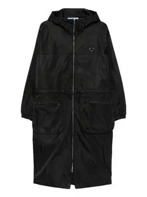 Prada Oversized Coat With Drawstring Hood And Enamel Triangle Logo - Black