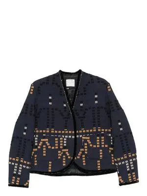 FORTE_FORTE Geometric Pattern V-neck Zip-up Jacket - Blue