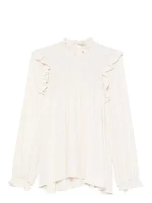 FORTE_FORTE Ivory Smocked Panel Ruffle Trim High Neck Long Sleeve Blouse - Cream