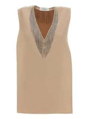 Sportmax Sleeveless V-neck Cady Top With Rhinestone Fringe - Multicolor