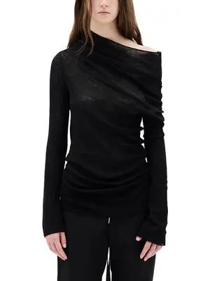 ANN DEMEULEMEESTER Virgin Wool Long Sleeve Draped Top - Black