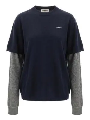 Miu Miu Navy Wool Horizontal Stripe Pattern Crew Neck Long Sleeve Layered Knitwear Jumper - Blue