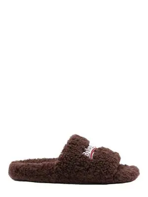 Balenciaga Embroidered Logo Shearling Slides - Brown