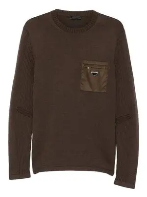 Prada Wool Crew Neck Long Sleeve Sweater With Pocket Detail - Brown