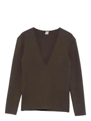 TOTEME Ribbed Knit V-neck Long Sleeve Jumper - Brown