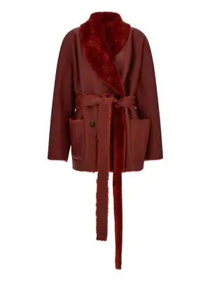 FERRAGAMO Shearling Belted Jacket - Red