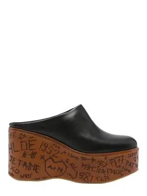 Chloé Leather Platform Wedge Mules - Black
