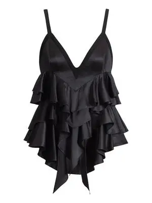 Balmain Silk Satin Ruffled Evening Top - Black