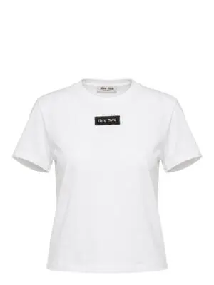 Miu Miu Cotton Jersey Logo Patch Crew Neck Short Sleeve Top - Multicolor