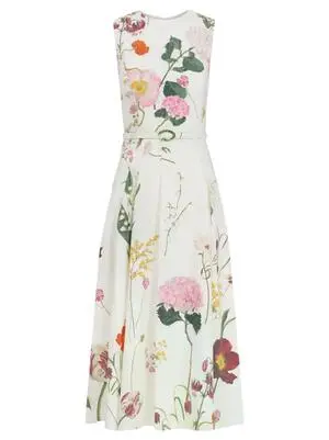 Oscar De La Renta Sleeveless Botanical Print Midi Dress - White